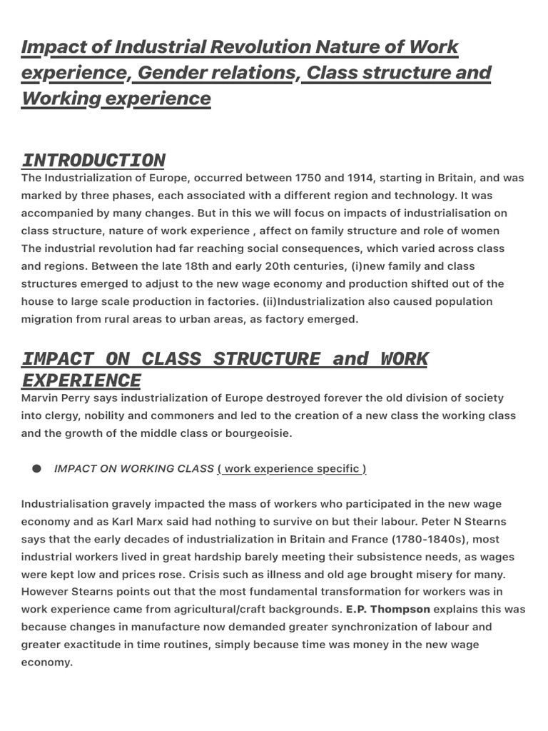 Impact of Industrial Revolution Nature of Work experience, Gender ...