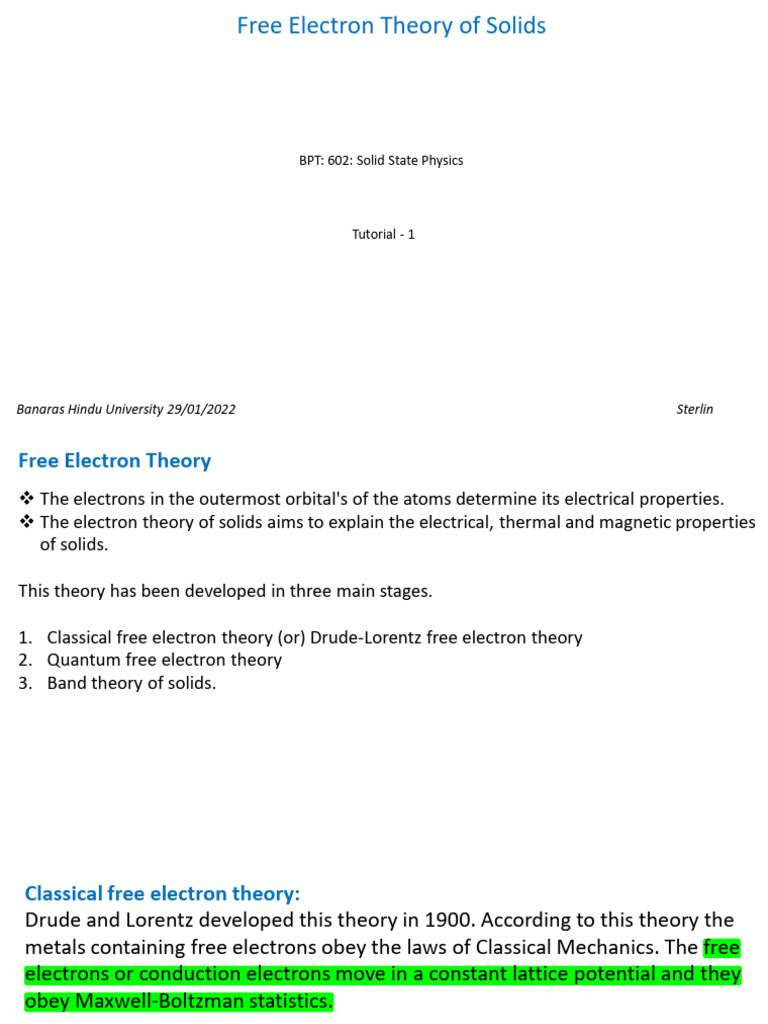 1a. Free Electron Theory of Solids | PDF | Electron | Chemical Bond