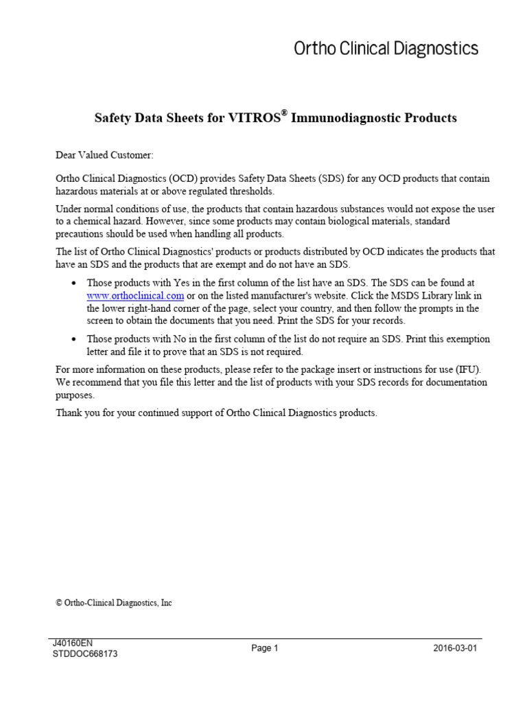 VITROS® Immunodiagnostic SDS Guide | PDF | Endocrine System