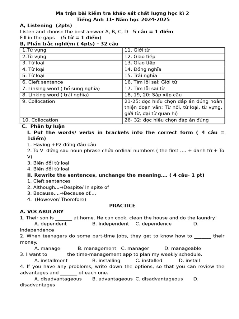 Ma Trận + Đề Cương HK2 K11 - Hs | PDF
