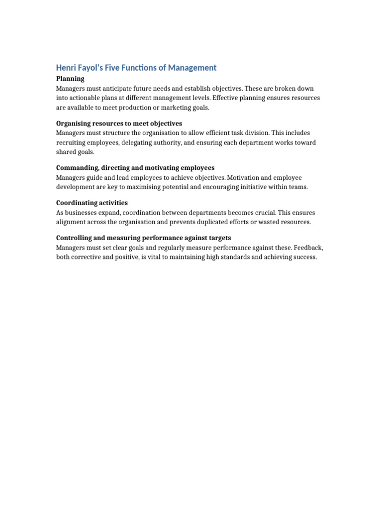 Henri Fayol Management Functions | PDF