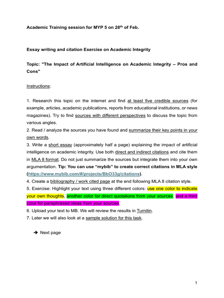 01 MYP 3-5 Academic Integrity Training Session Essay Writing and Citation Exercise On Academic ...