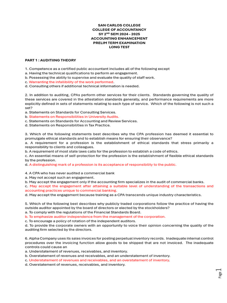 Auditing Theory Prelim Exam 2024-2025 | PDF | Audit | Taxes