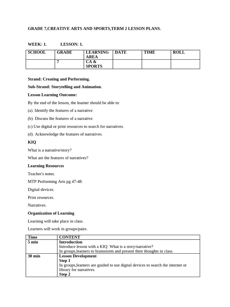Grade 7 Creative Arts Lesson Plans | PDF | Learning | Storytelling