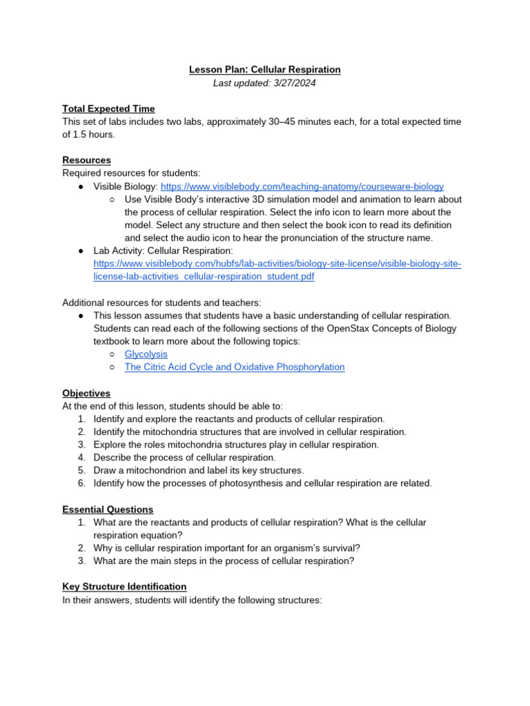 Bio Learn Lesson Plan - Cellular Respiration | PDF | Cellular ...