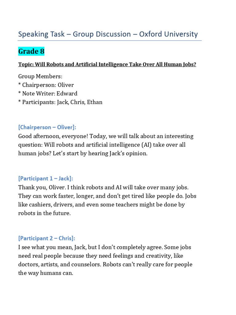Speaking - Task - Grade 8 (For The Final Exam) | PDF | Artificial ...