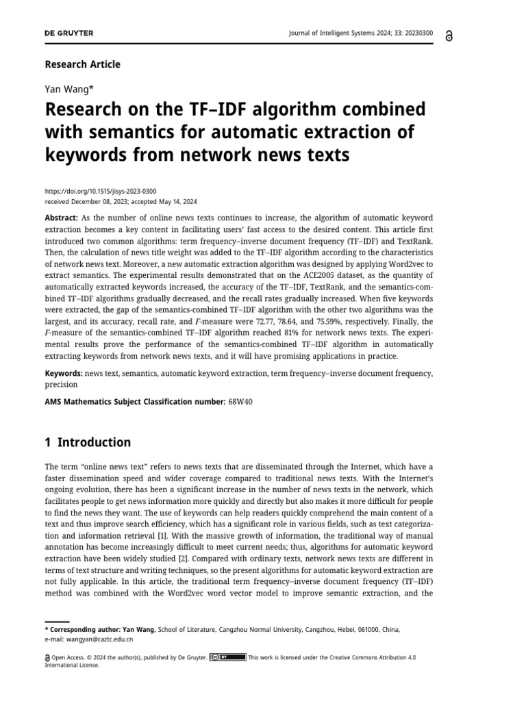 Research On The TF IDF Algorithm Combined With Semantics For Automatic Extraction of Keywords ...