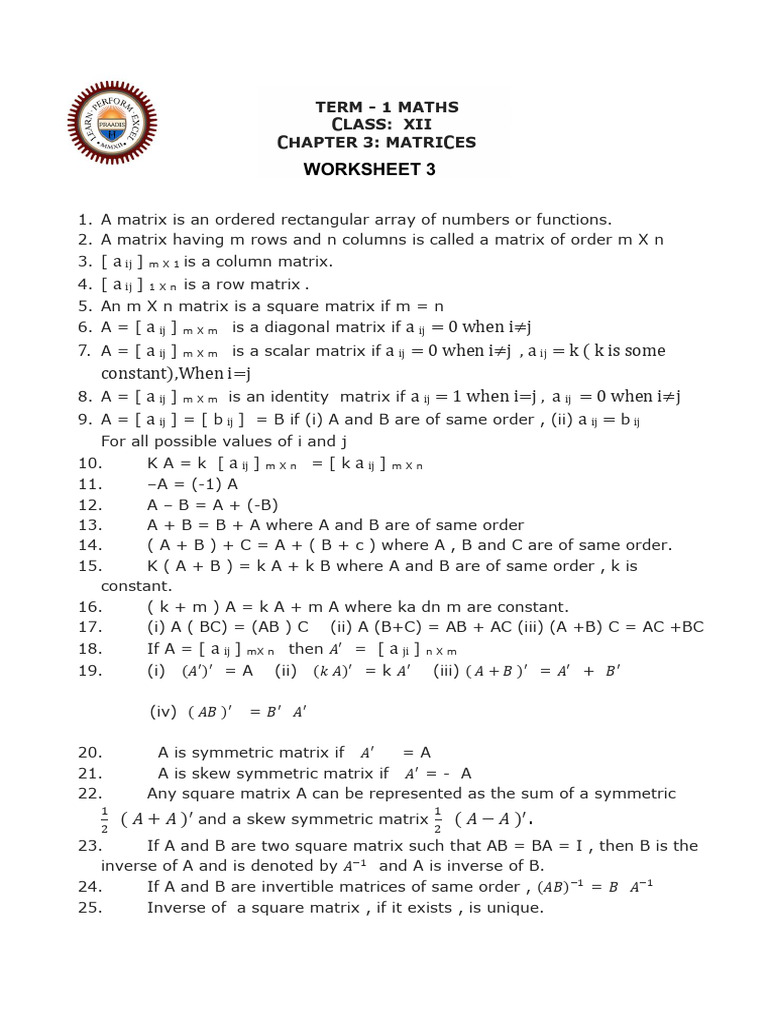 Worksheet CH 3-Matrices | PDF | Matrix (Mathematics) | Matrix Theory