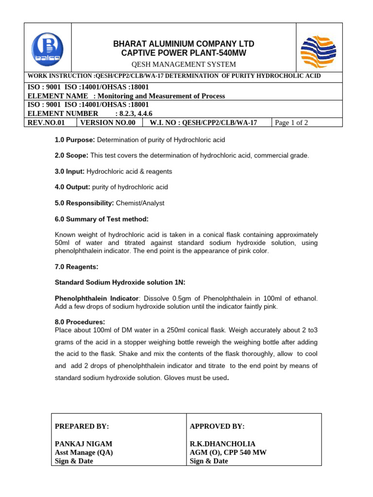 Hydrochloric Acid Purity Determination | PDF | Titration | Chemistry