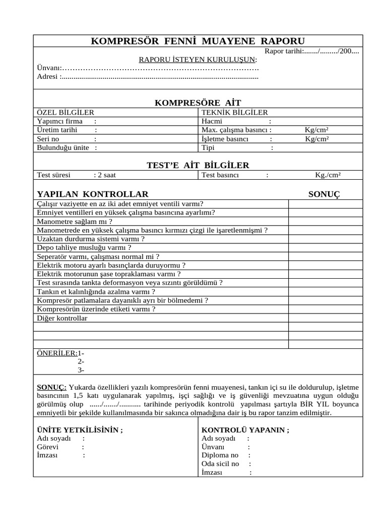 Kompresör Muayene Raporu | PDF