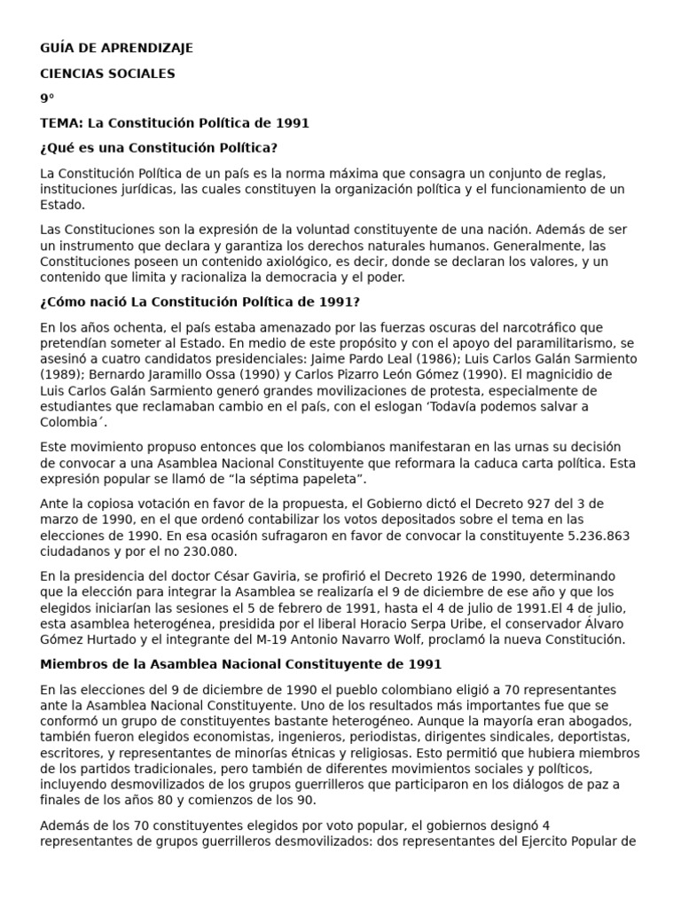 Guía De Aprendizaje Ciencias Sociales 9 Tema La Constitución Política