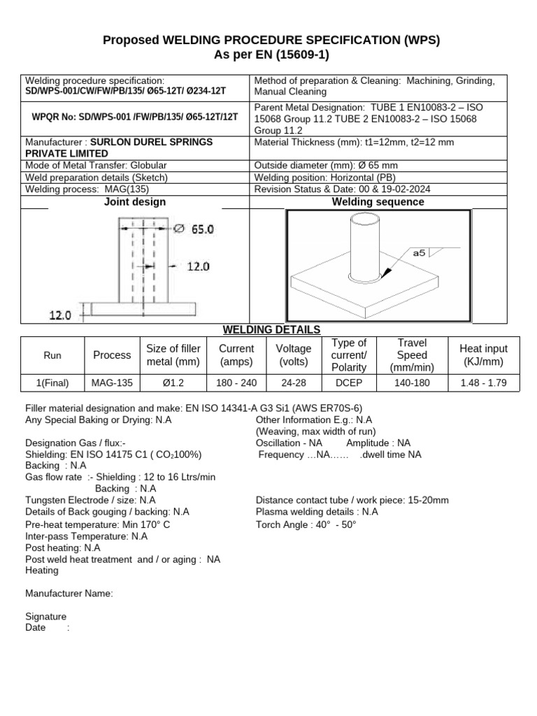 WPS 001-15609-1, Dia 65 T 12 To Dia 234 - 12mm FW PB | PDF | Welding | Construction