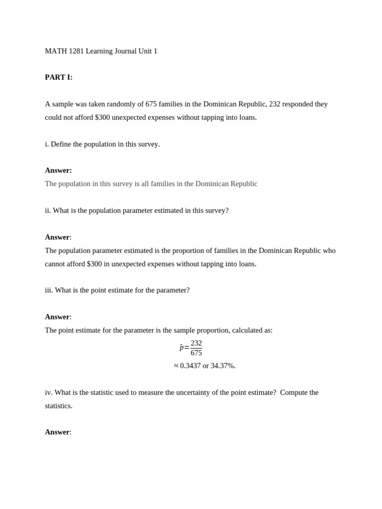 MATH 1281 Learning Journal Unit 1 Edited | PDF | Standard Error | Confidence Interval