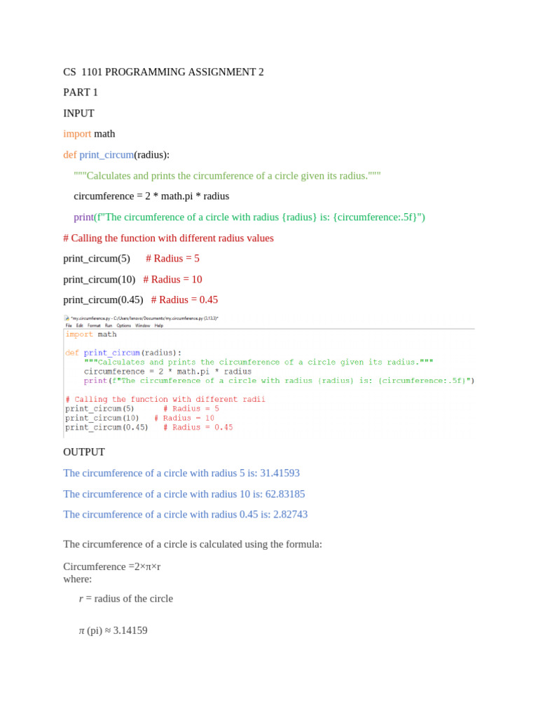 CS 1101 Programming Assignment 2 | PDF | Pi | Circle