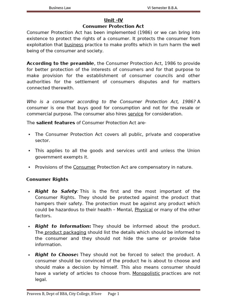 Unit 4 Consumer Protection Act | PDF | Consumer Protection | Goods