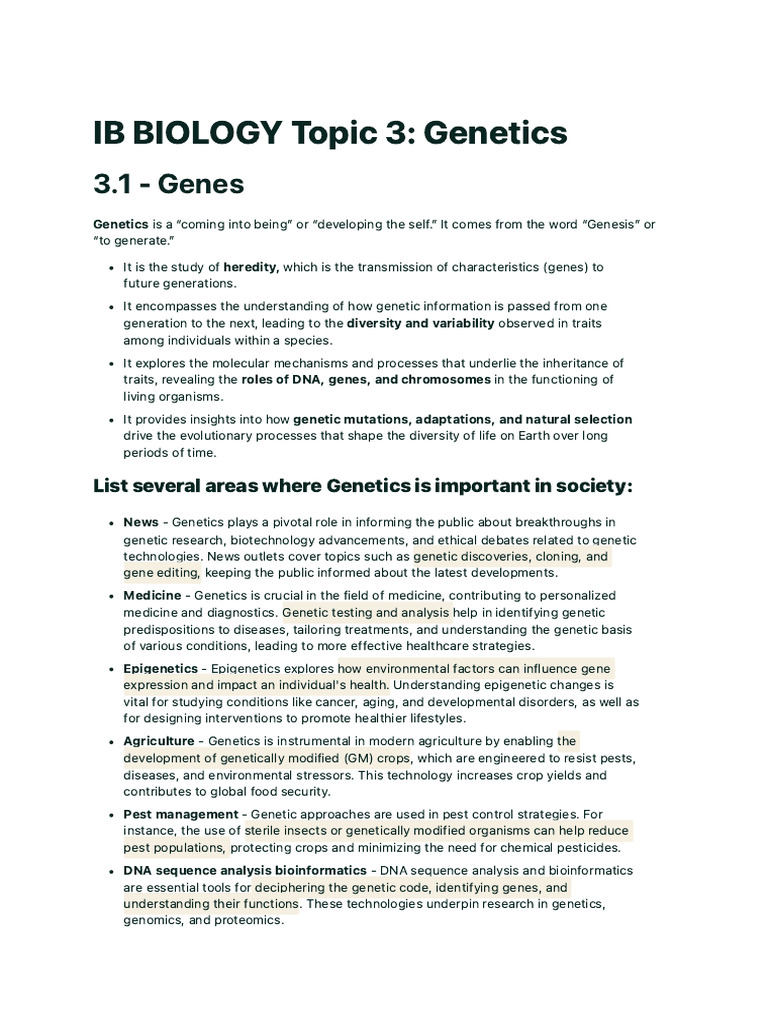Genetics IB Biology (Notes) | PDF | Mitosis | Meiosis