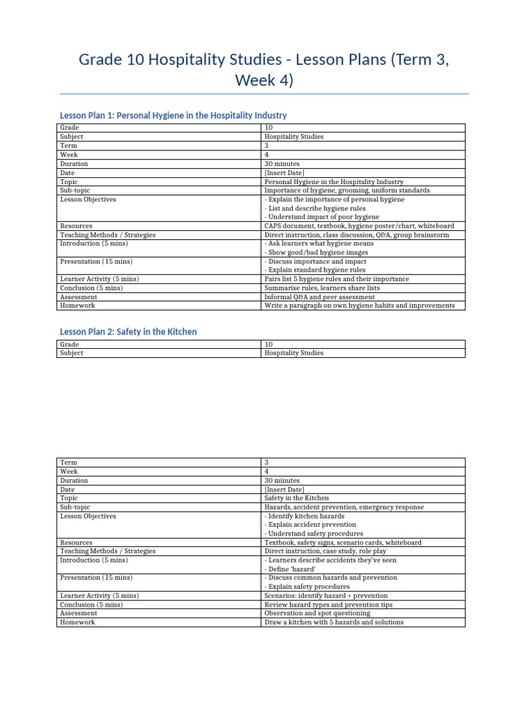 Grade 10 Hospitality Lesson Plans T3W4 | PDF | Lesson Plan | Teaching Method