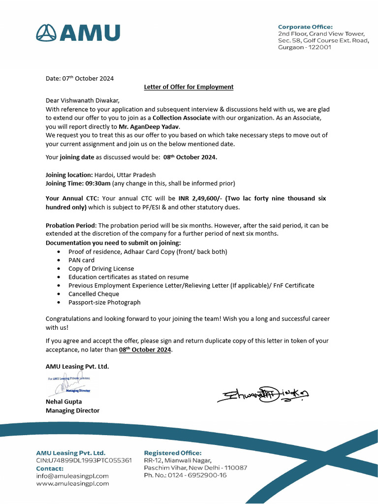 Vishwanath Diwakar - Offer Letter - Collection Associate - AMU | PDF