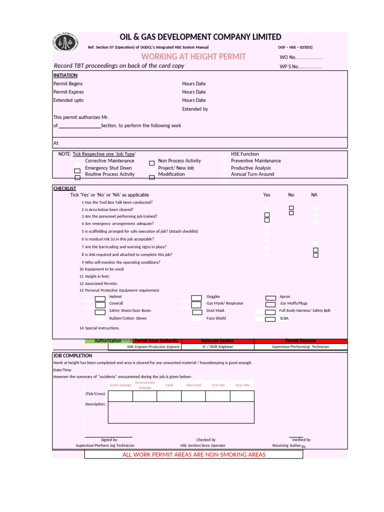Work at Height Permit (OGF-HSE-25) | PDF | Occupational Safety And ...