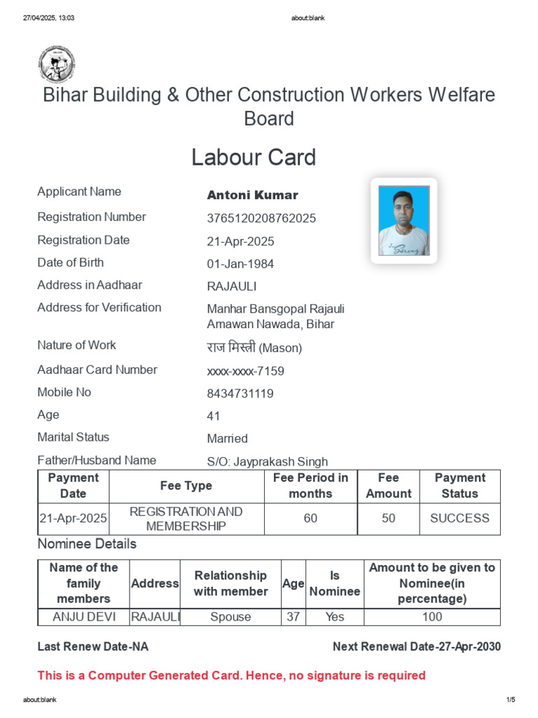 Bihar Labour Card Registration Details | PDF
