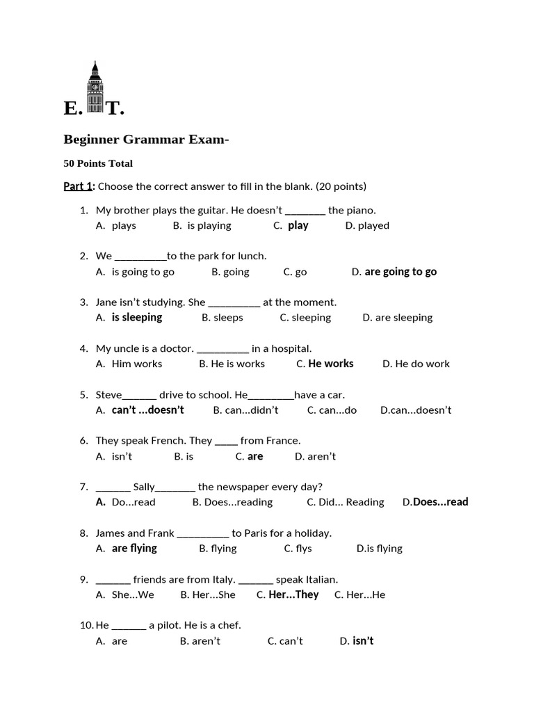 New L1 Grammar Exam - Bold Answer Key1 | PDF | Verb | Language Mechanics