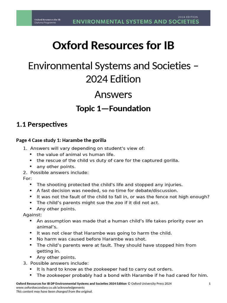 IBDP - ESS - Coursebook - Answers - Topic 1 | PDF | Sustainability ...