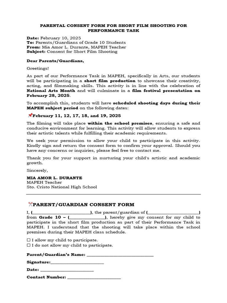Parental Consent Form for Short Film Shooting for Performance Task | PDF