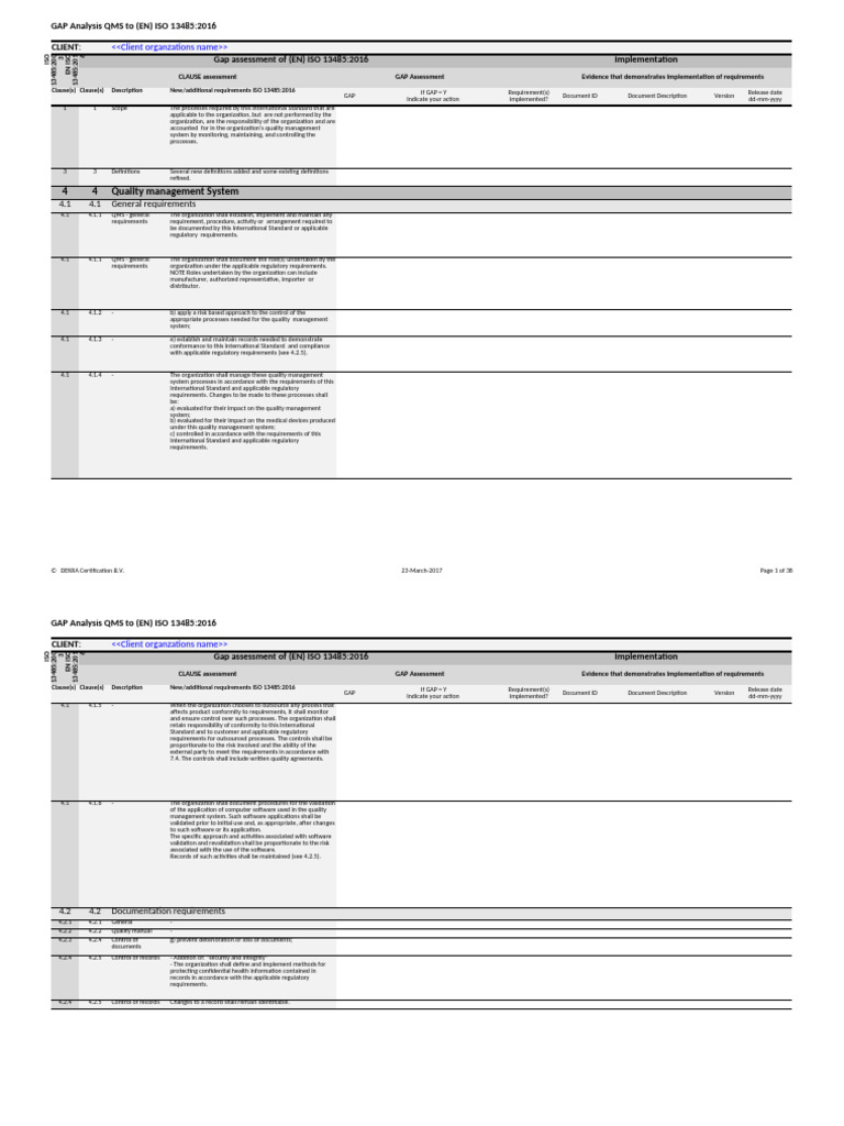 Gap Analysis ISO 13485 2016 - ISO 9001 2015 Template | PDF | Quality ...