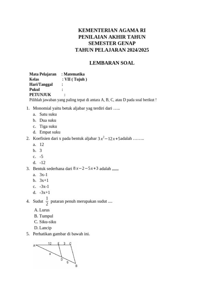 Soal Pat Matematika Kelas Vii SMT 2 | PDF