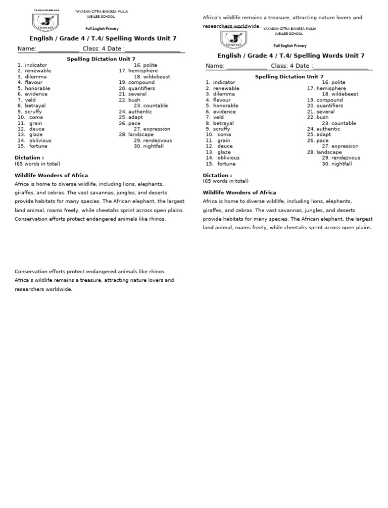 Grade 4 Spelling Unit 7 Words | PDF | Mammals Of Africa | Zoology