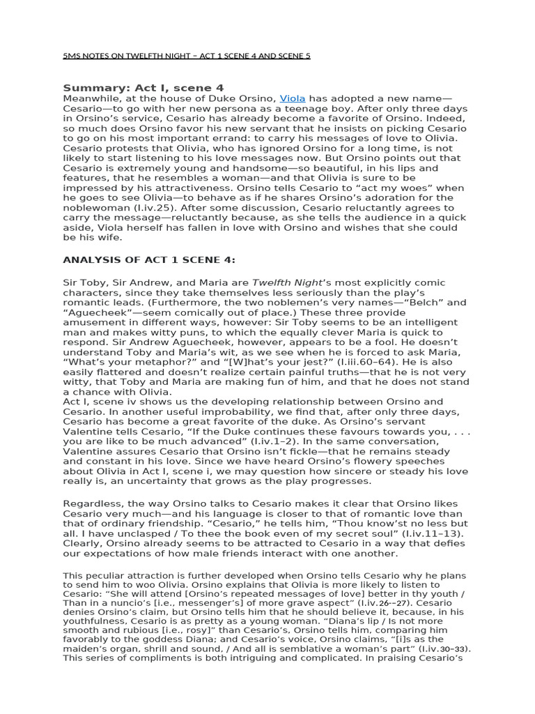 Act 1 Scenes 4 & 5 Summary and Analysis | PDF | Twelfth Night