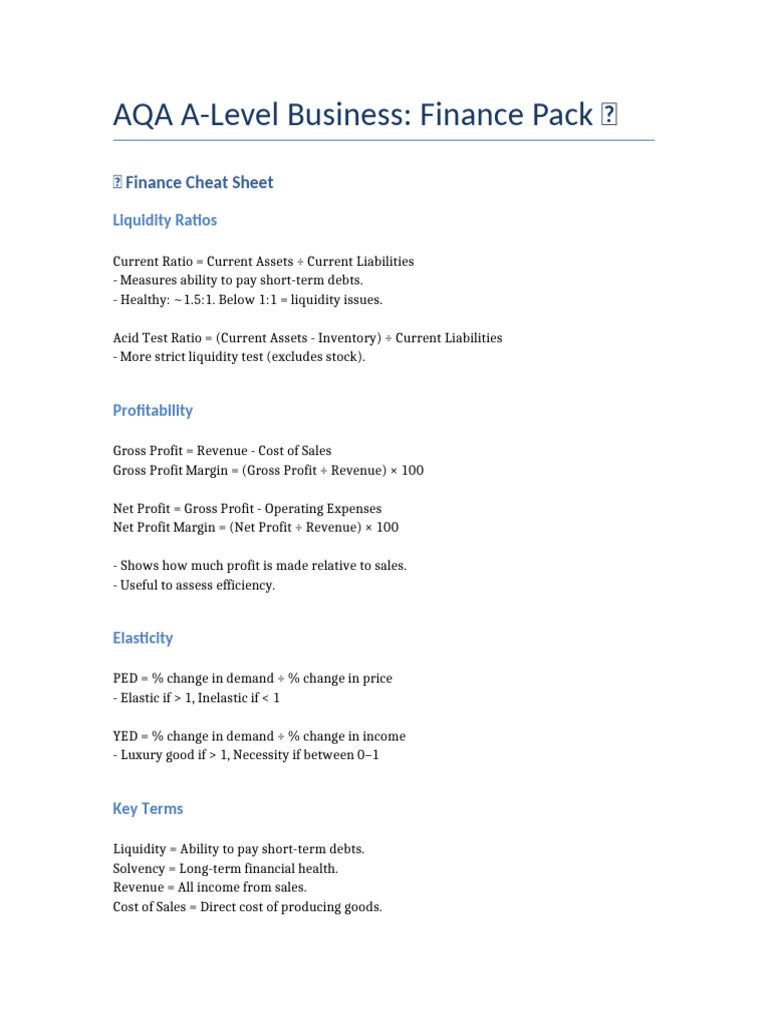 AQA Business Finance Pack | PDF