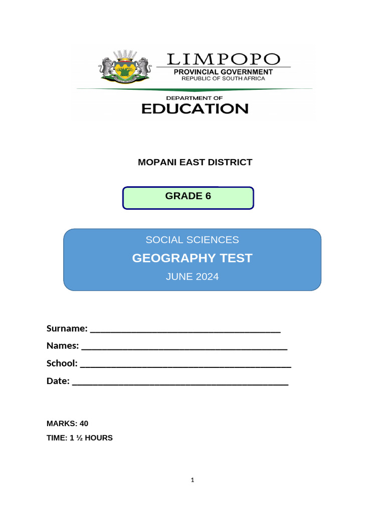Grade 6. Social Sciences Geography QP JUNE 2024 | PDF | Money | Map
