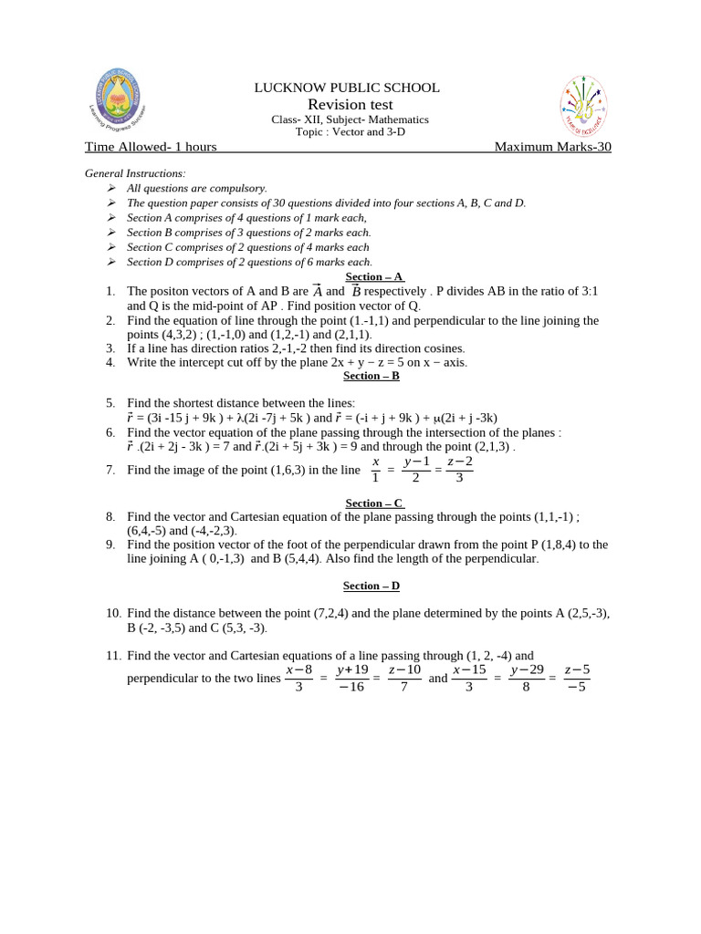 Class Xii Vector & 3-D | PDF | Line (Geometry) | Euclidean Vector