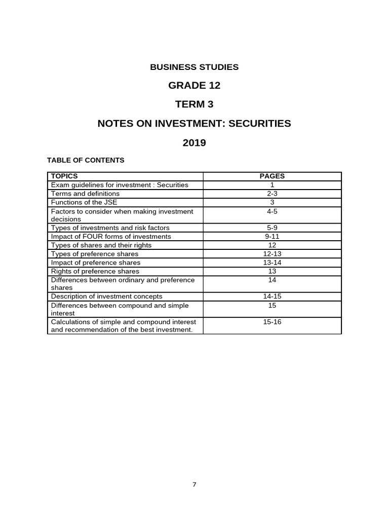 Business Studies Grade 12 Notes On Investment Securities | PDF ...