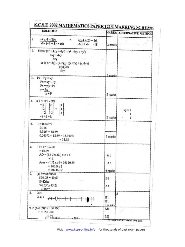 2002 Kcse Mathematics Paper 1 Answers 1 | PDF