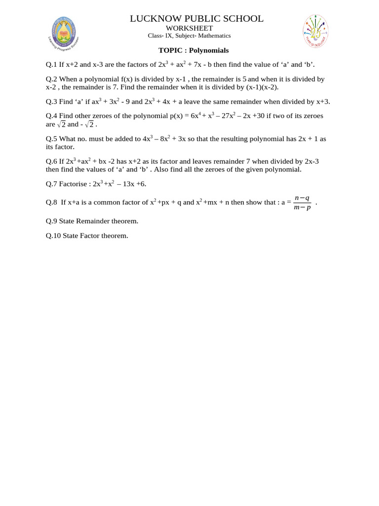 CLASS IX POLYNOMIALS | PDF