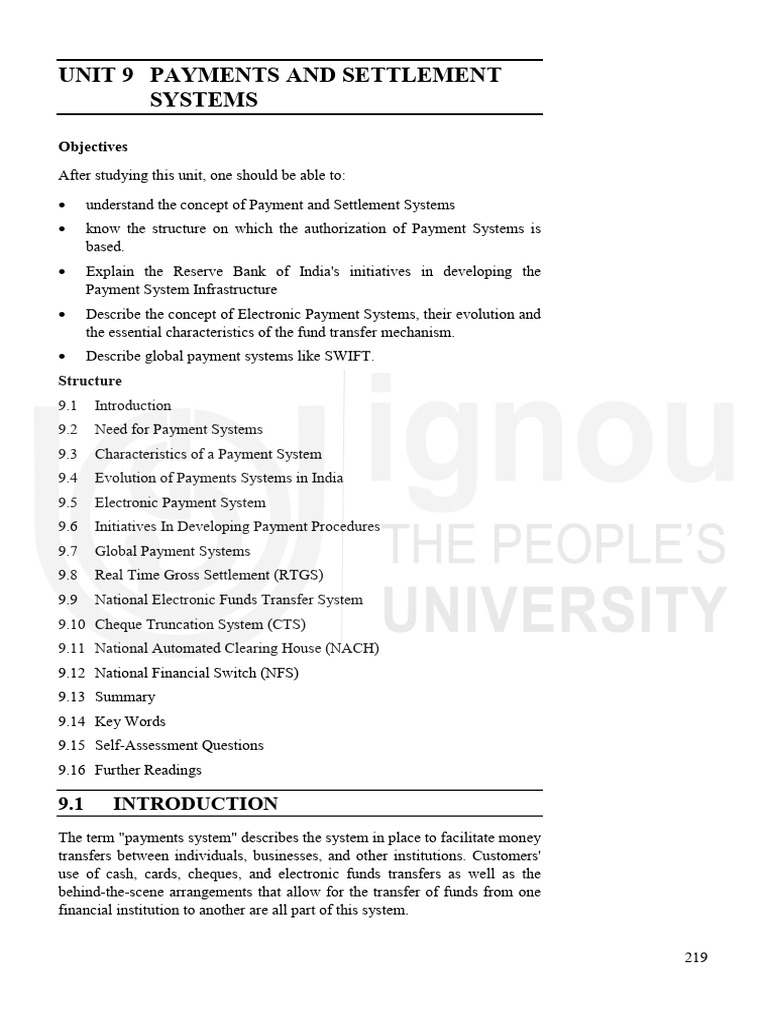 Payment Systems Egyankosh Unit-9 | PDF | Payment System | Cheque