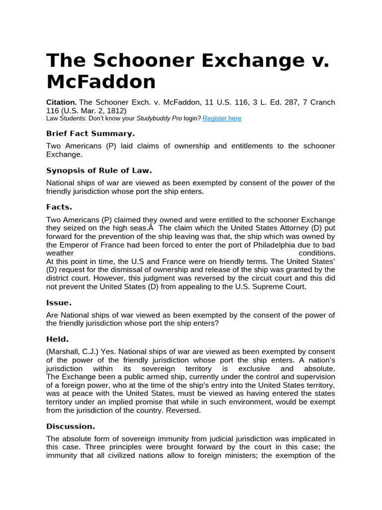 Sovereign Immunity in Schooner Exchange Case | PDF | Public Law ...