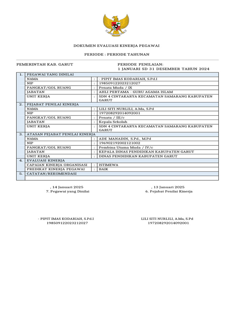 Dokumen Evaluasi Kinerja Pegawai 2024 - Pipit Imas Kodariah | PDF