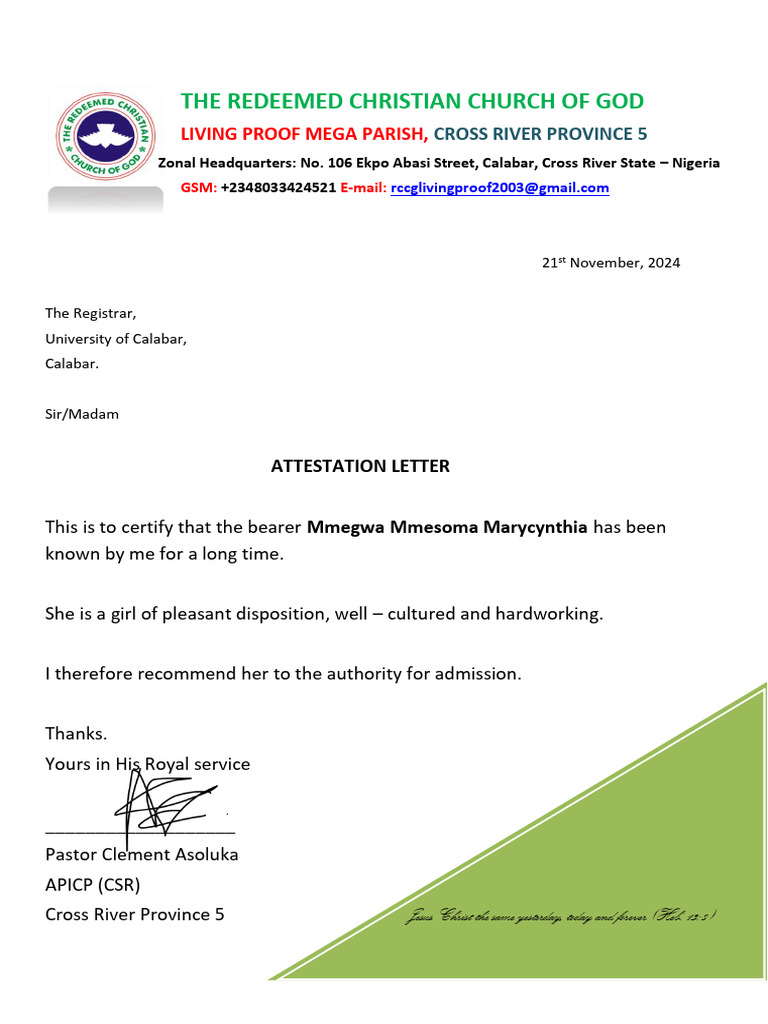 Redeemed Christian Church of God ATTESTATION Letter | PDF