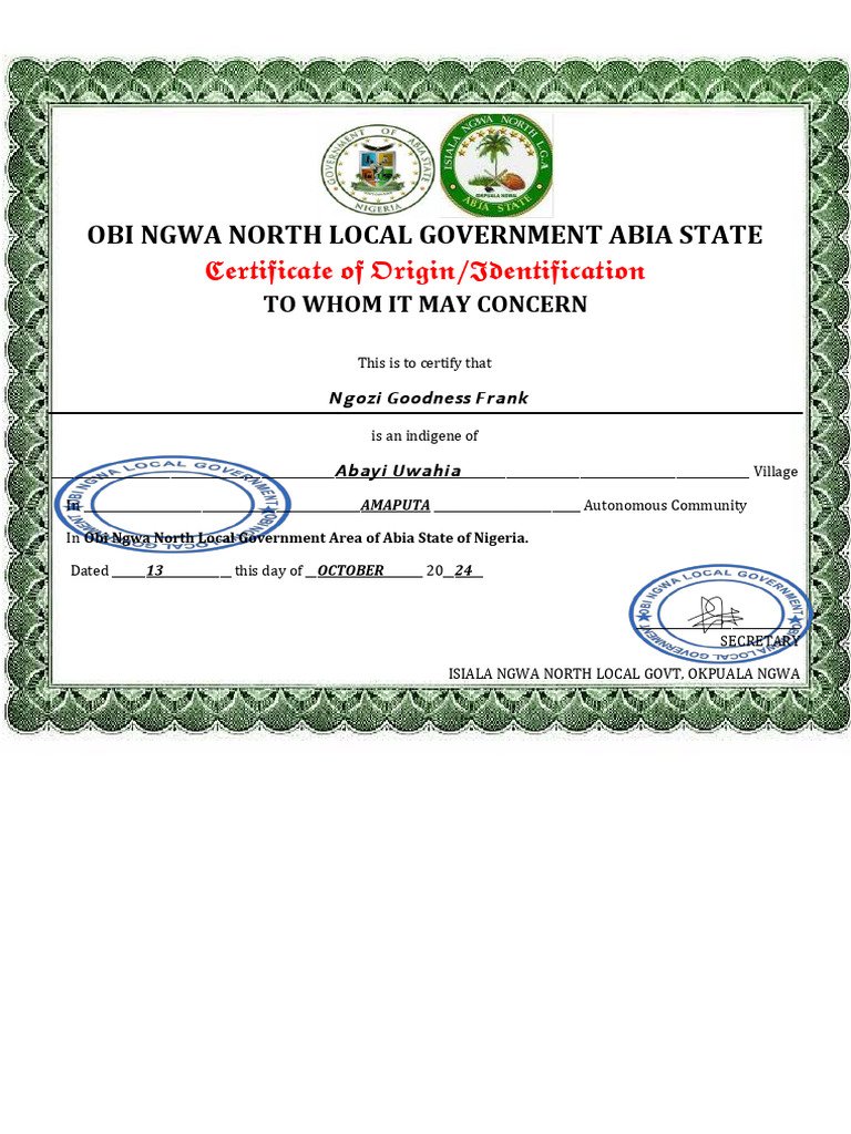Certificate of Origin Abia State | PDF