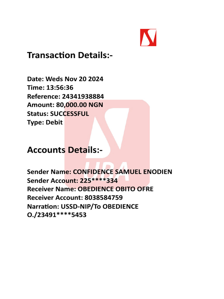 UBA Transaction Receipt - Successful Transfer | PDF
