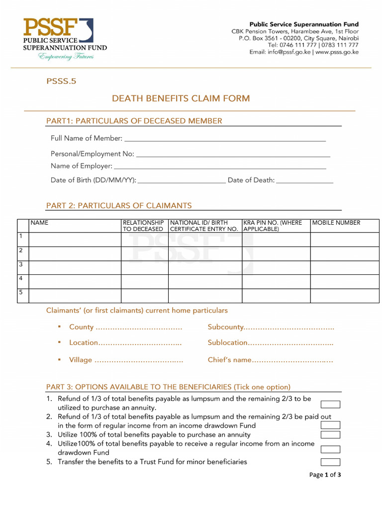 PSSS Death Claims Benefits Form | PDF