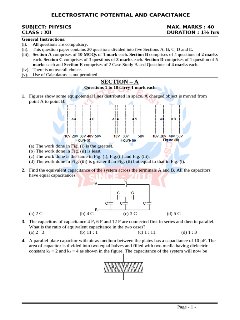 Physics Class Xii Chapter 02 Electrostatic Potential and Capacitance Practice Paper 02 2024 ...