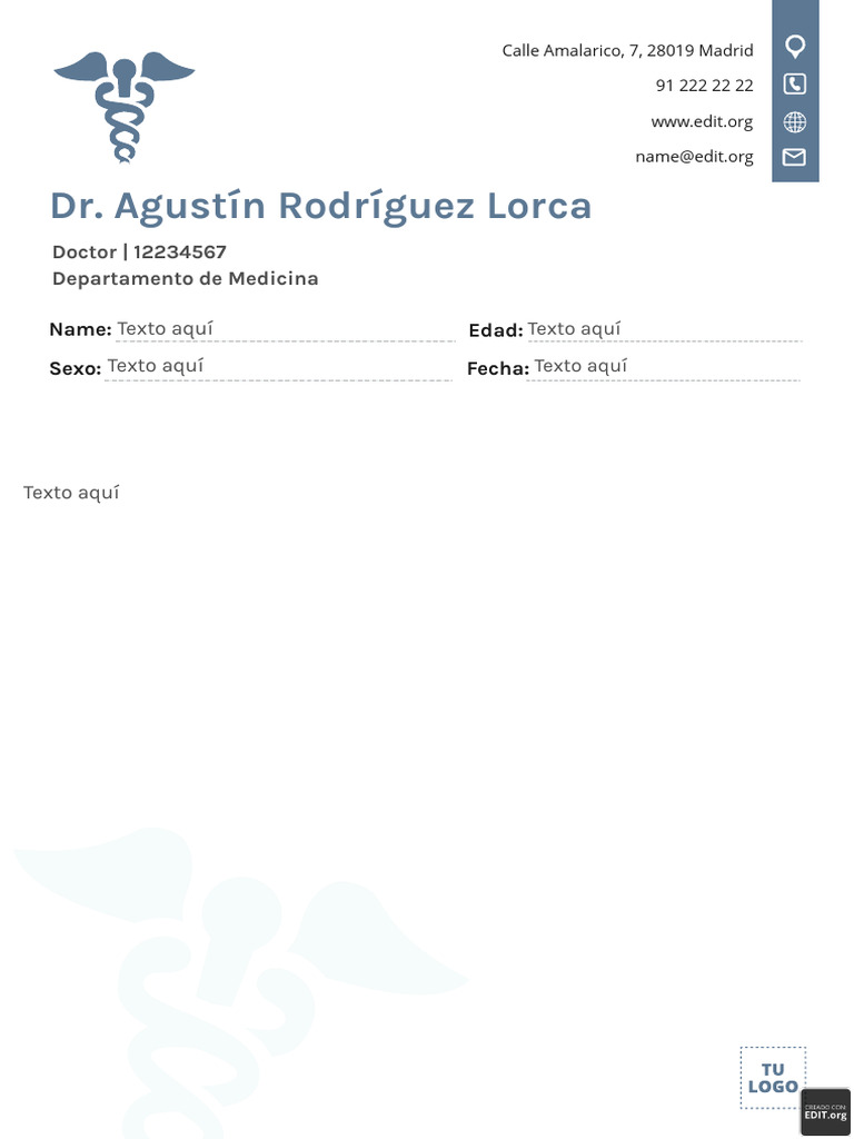 Dr. Agustín Rodríguez Lorca: Doctor - 12234567 Departamento de Medicina ...