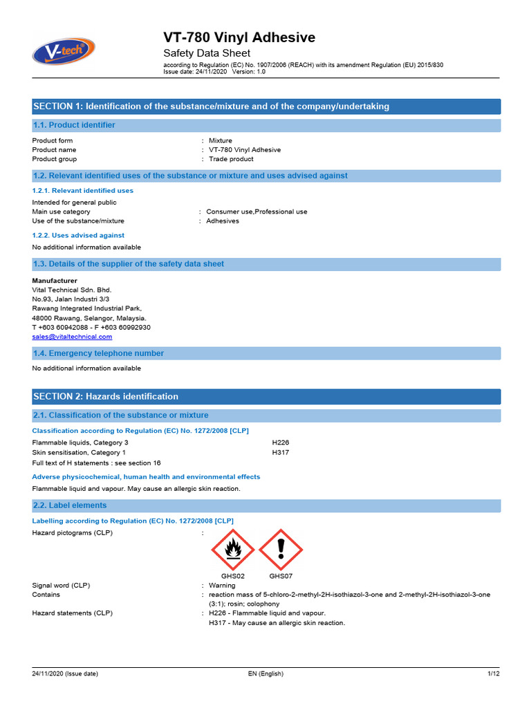 VT-780 Vinyl Adhesive Safety Data Sheet | PDF | Dangerous Goods | Toxicity