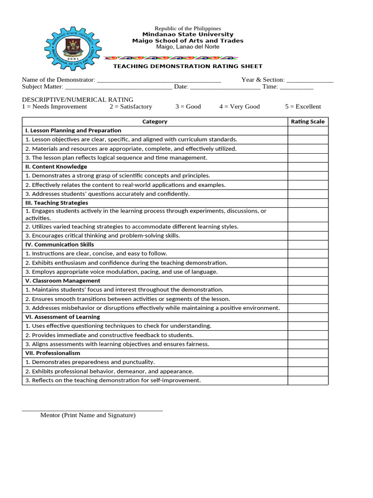 GED Demonstration Rating Sheet | PDF | Classroom Management | Education ...