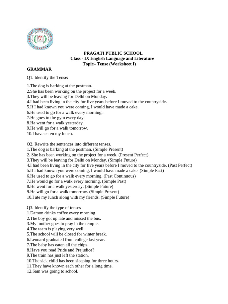 Class 9 Tenses Worksheet Exercises | PDF | Grammatical Tense | Linguistics