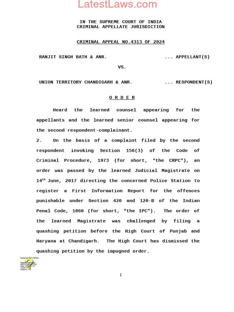 SC Order- Ranjit Singh Bath & Anr. v. Union Territory Chandigarh & Anr ...
